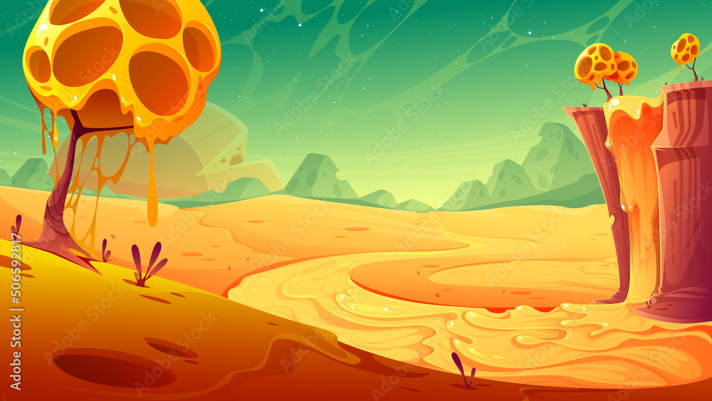 Cheese planet fantasy landscape, yellow trees with holey crown and ...