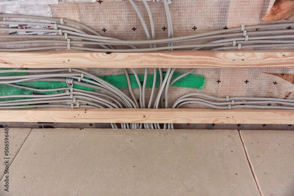Lots of power cables for house wiring during house construction Stock ...