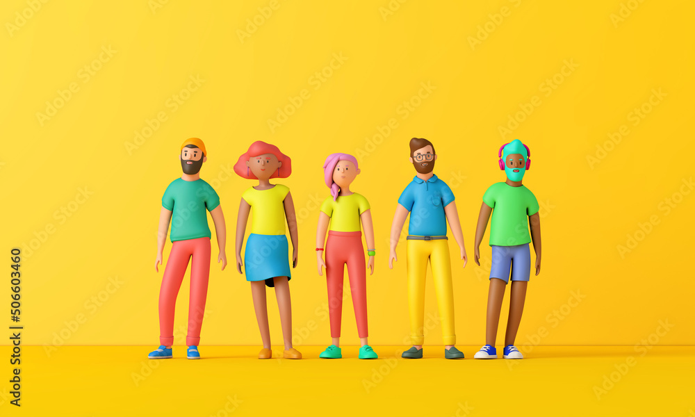 Group of diverse people standing together. 3D cartoon character style ...