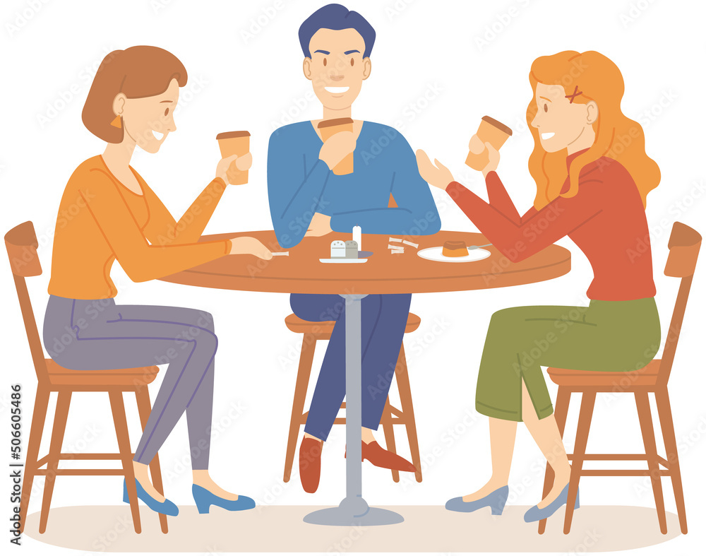 Group of friends sitting in cafe drink tea or coffee. People spend time ...