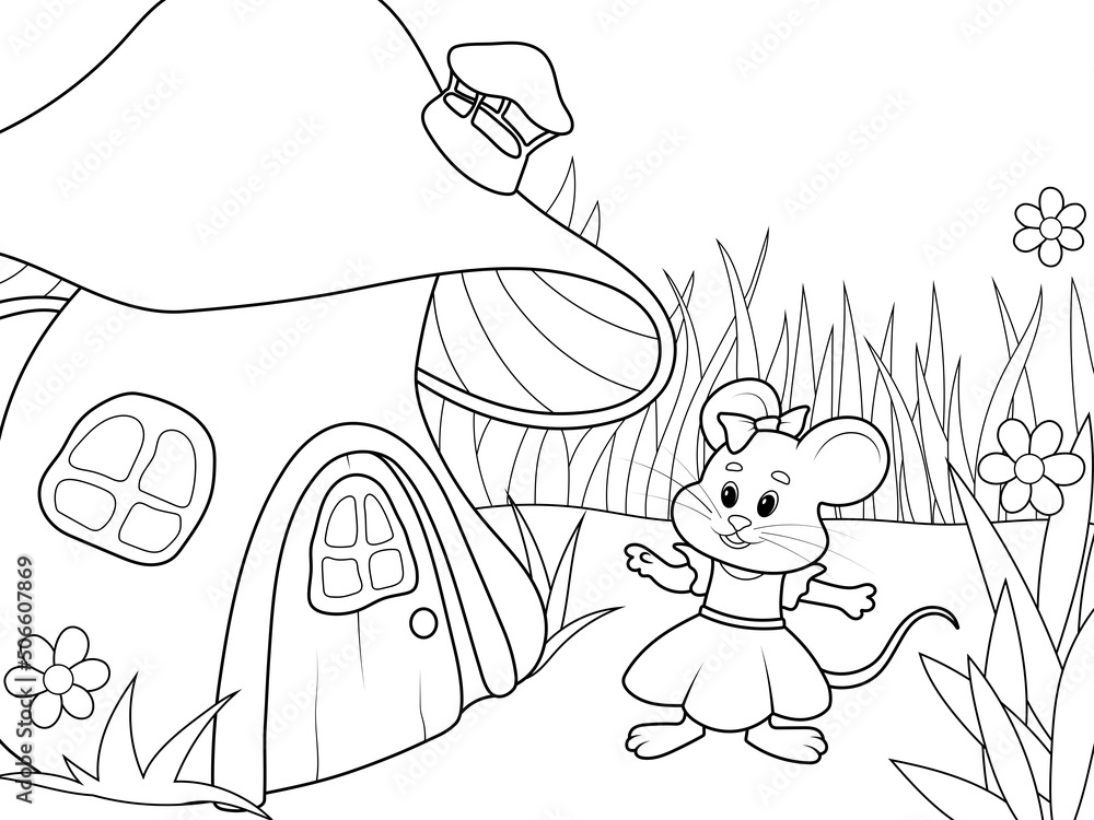 Cartoon mouse in a dress is dancing next to a mushroom shaped house ...