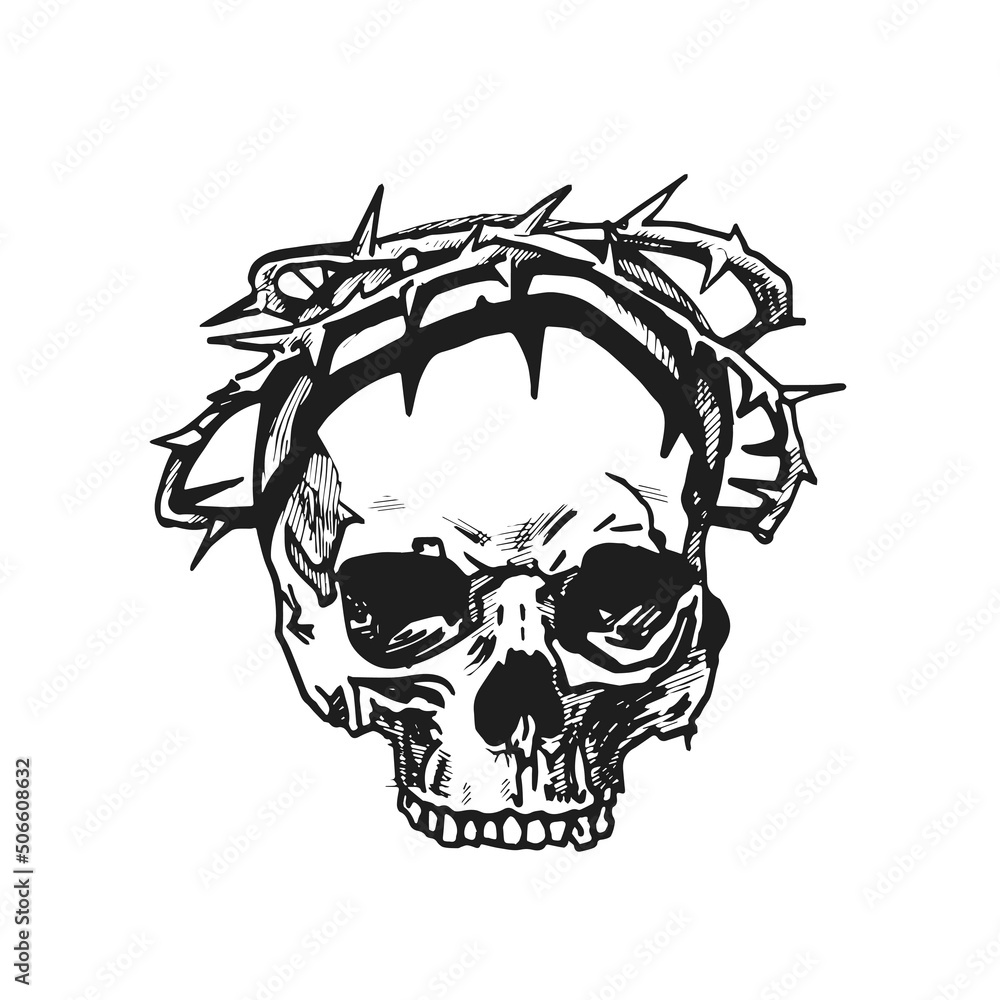 Skull in a crown of thorns, graphic portrait. Hand drawing. Vector ...