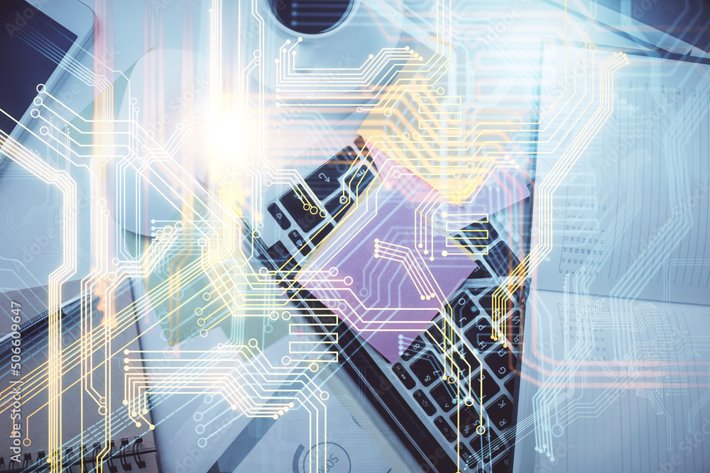 Double exposure of map hologram drawing over study table background ...