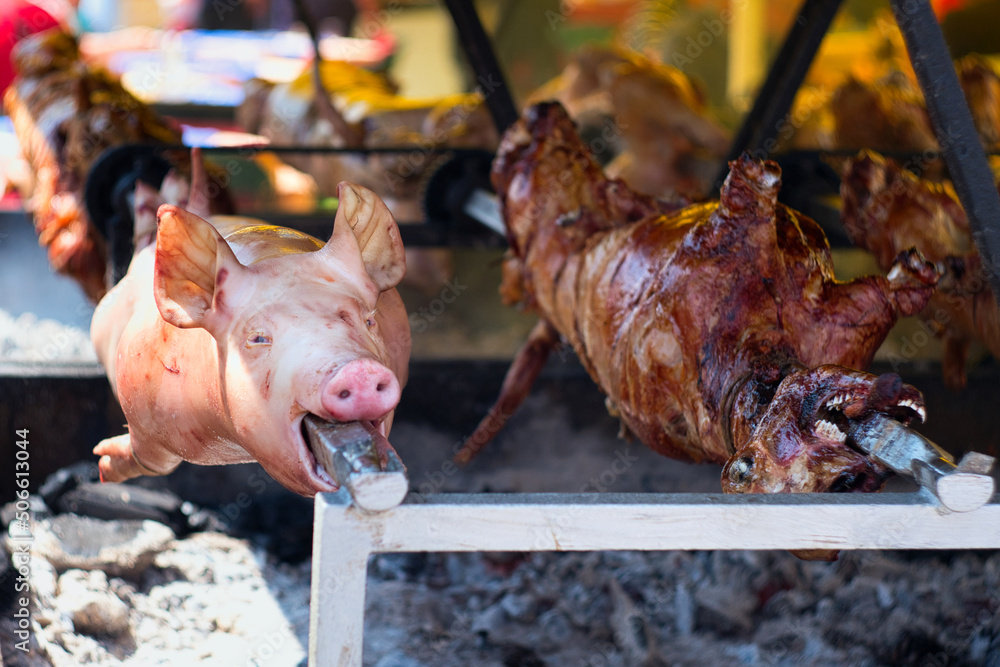 Traditional Balkan party food - whole piglet and lamb roasted on the ...