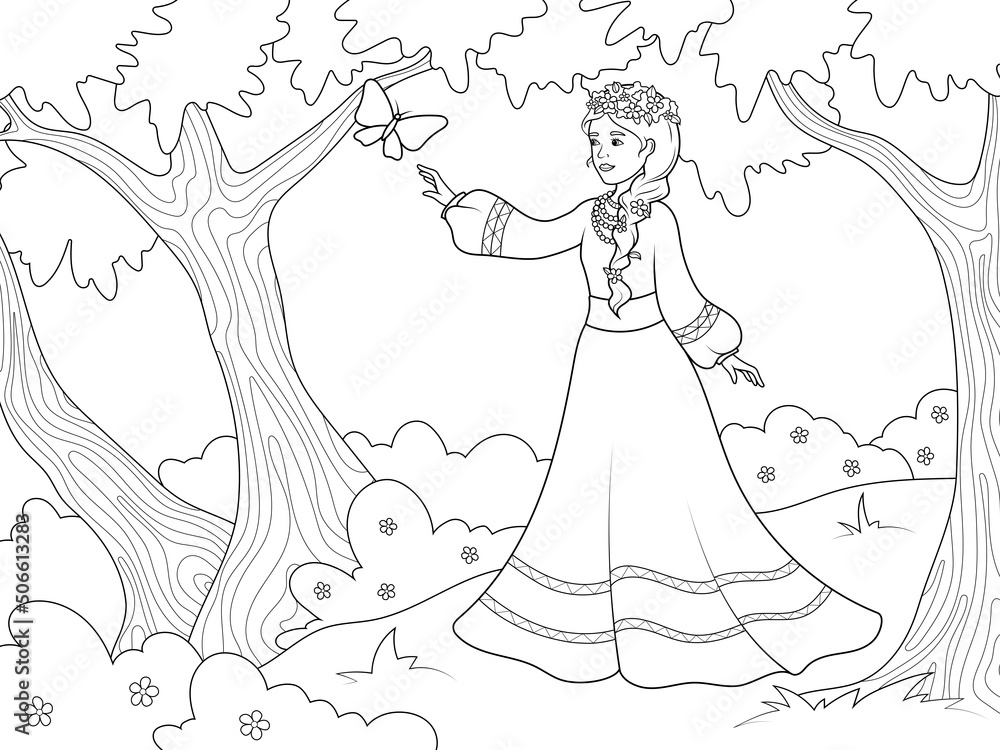 Mavka in the forest. Page outline of cartoon. Raster illustration ...