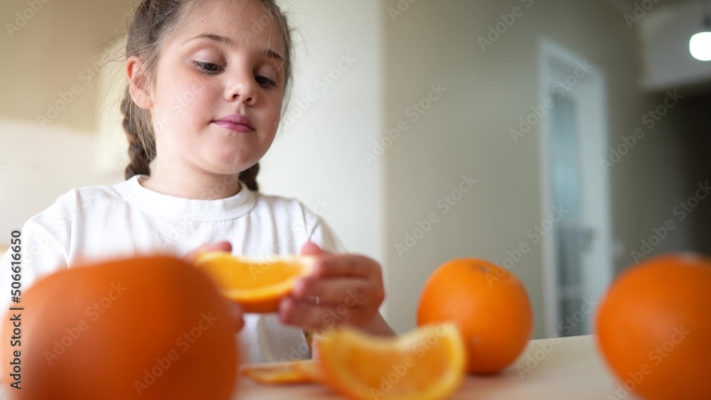 girl child eating oranges. dream happy family fruit healthy food kid ...
