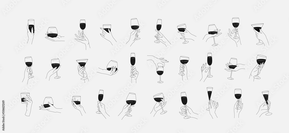 Collection of different woman hands gestures hold wineglass or drink ...