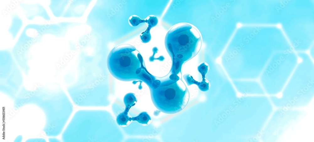 Trendy blue atom model abstract hexagon background.3d Illustration of ...