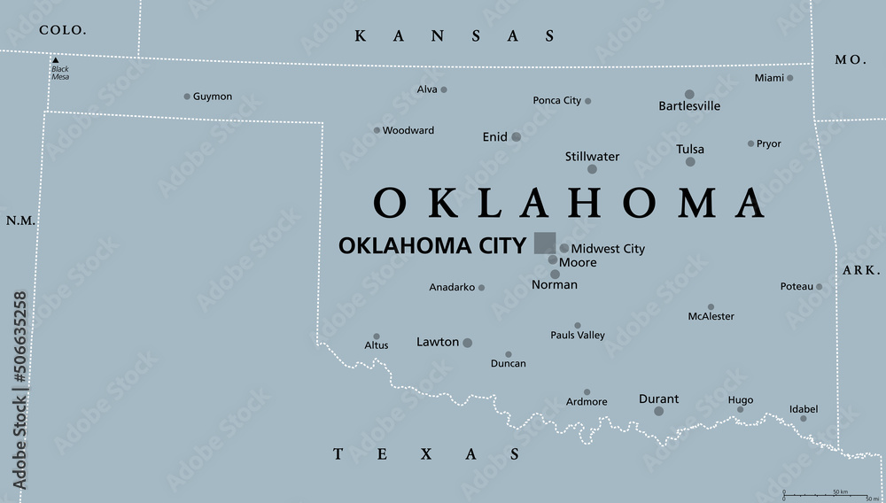 Oklahoma, OK, gray political map, with capital Oklahoma City and the ...