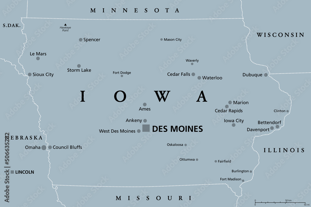Iowa, IA, gray political map, with the capital Des Moines and most ...