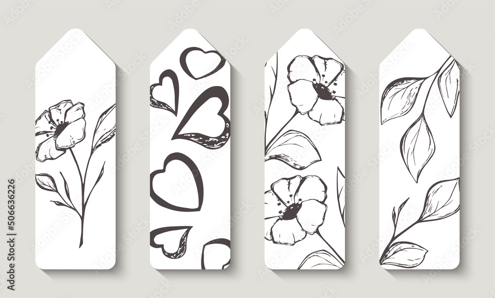 Bookmarks with flowers, leaves and hearts . Bookstore label or flyer ...