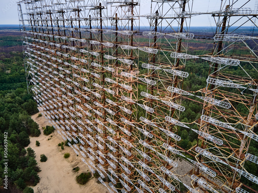 Aerial view of Former remains of Duga radar system in abandoned ...