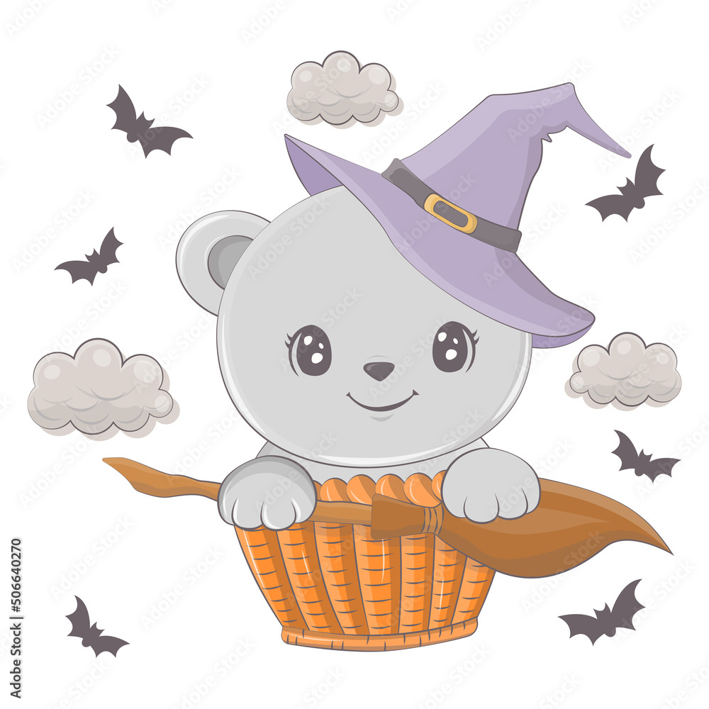 Halloween illustration of a bear with a broom. Vector illustration of ...