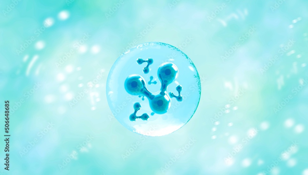 Trendy blue atom model in blue liquid or air bubble.Abstract background ...