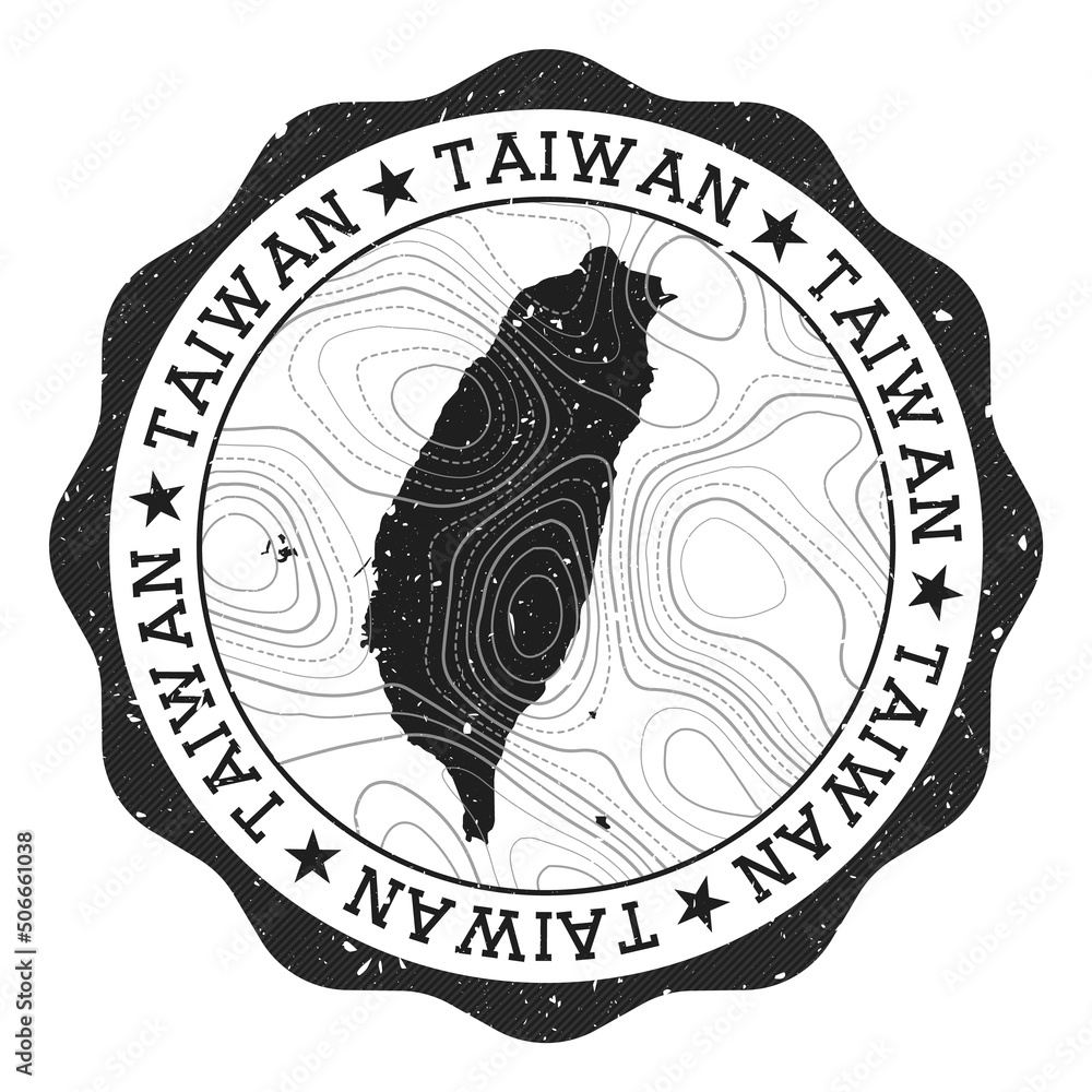 Taiwan outdoor stamp. Round sticker with map of country with ...