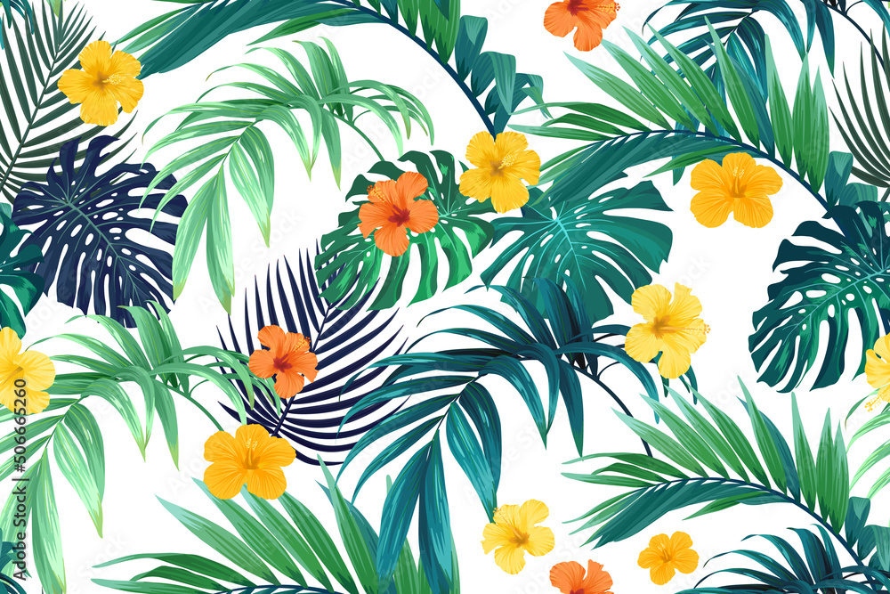 Seamless hand drawn tropical vector pattern with bright hibiscus flowers and exotic palm leaves ...