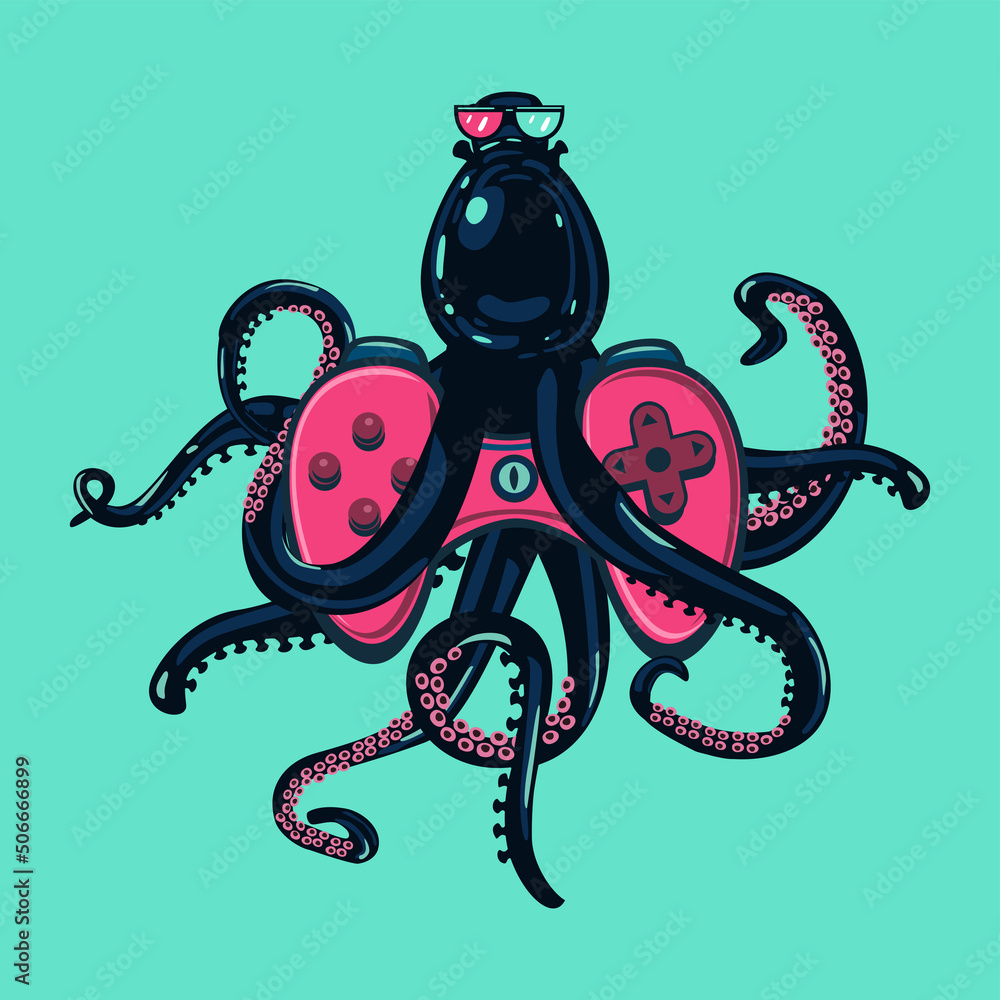 Octopus gamer with gamepad. Vector cartoon illustration. Video game ...
