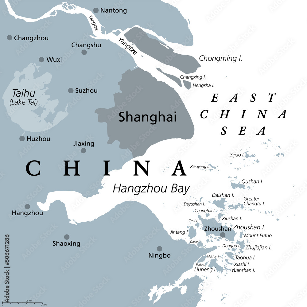 Poster Shanghai and the Yangtze River Delta, gray political map, with ...