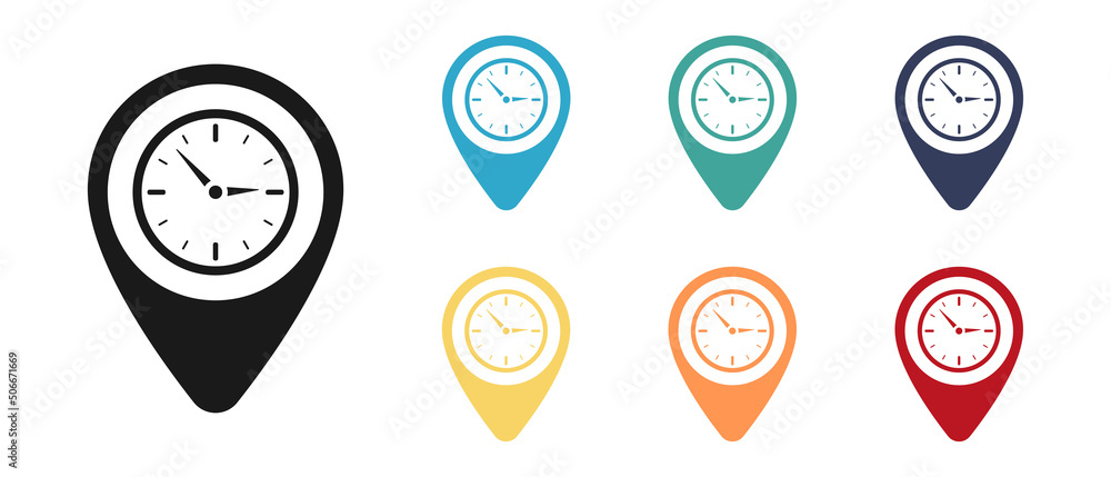 Icon, label on the map with a clock. Clock icon set isolated on white ...