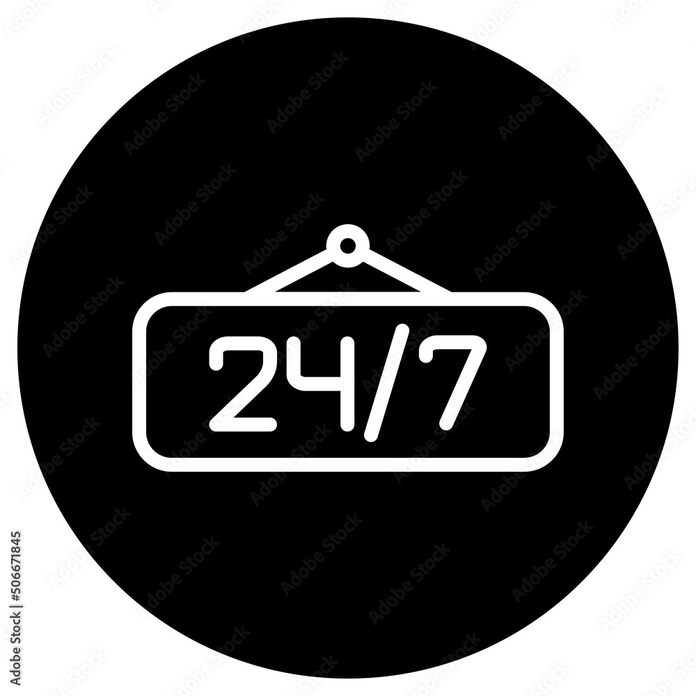 24h hours a day and 7 days a week icon, vector. Flat design. White icon ...