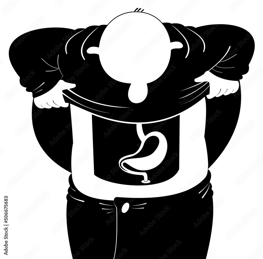 Digestion system concept. Cartoon man looking inside his stomach. Black ...