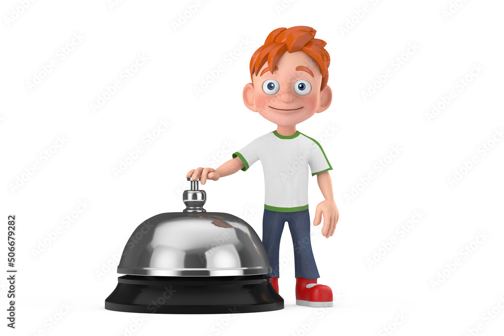 Cartoon Little Boy Teen Person Character Mascot with Hotel Service Bell ...