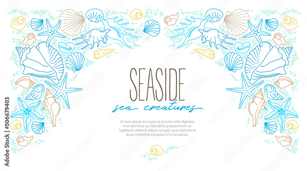 Vector frame, border of line art tropical sea elements, seashells ...