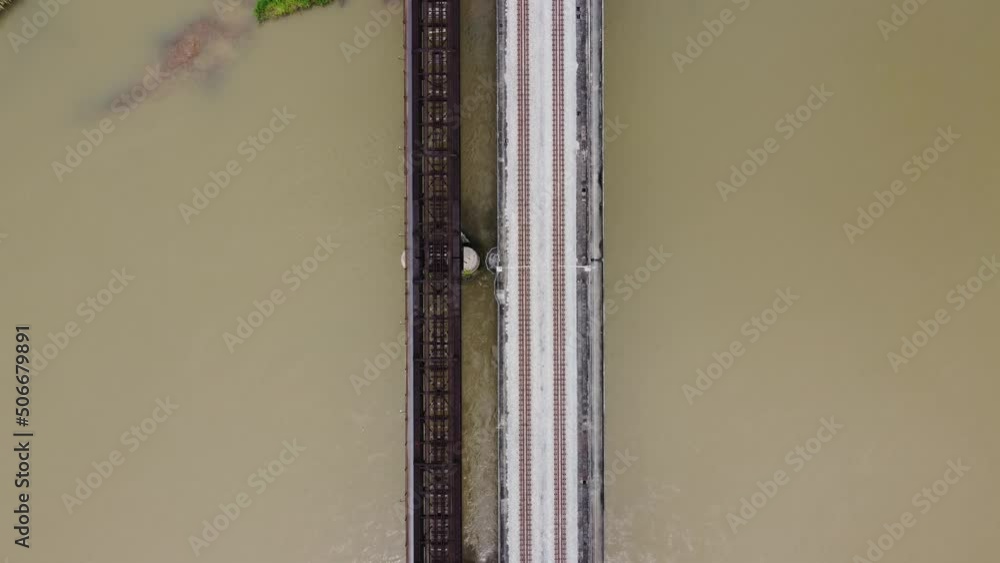 Aerial top down view Victoria Bridge single track railway truss bridge ...