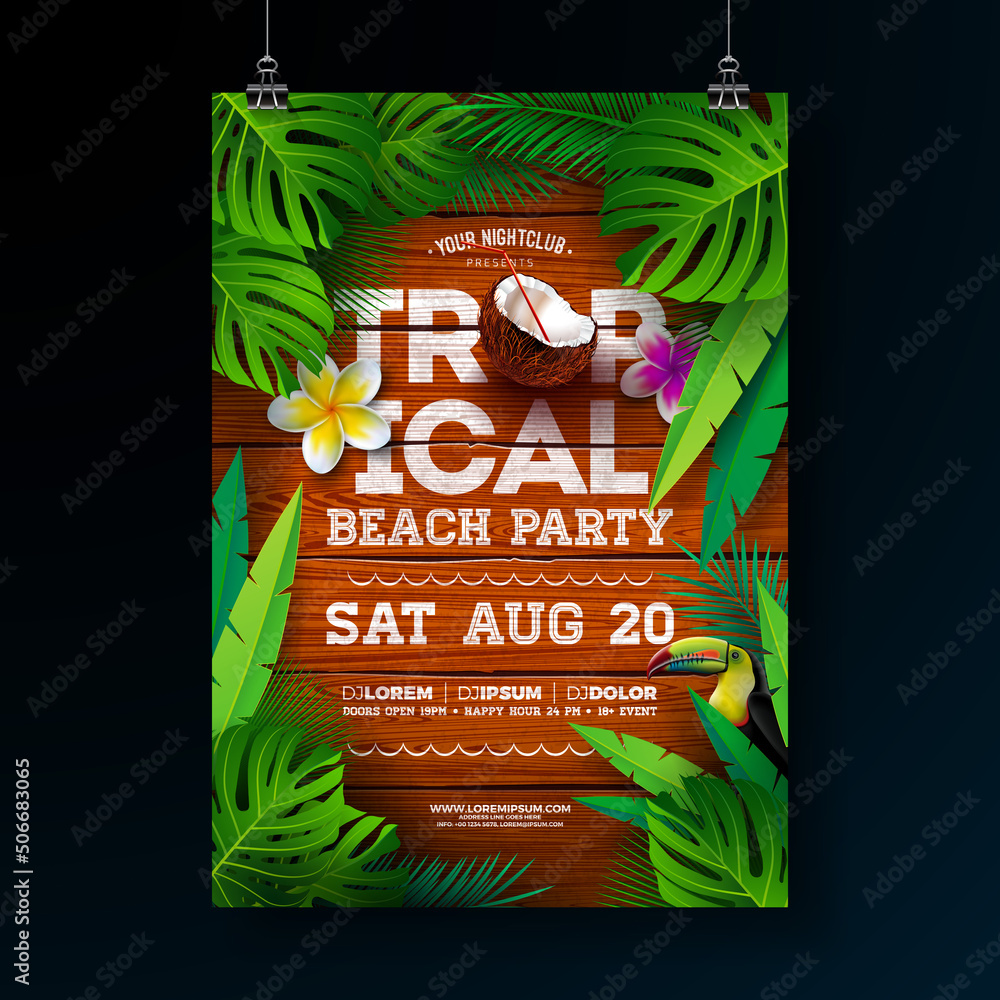 Vector Summer Tropical Beach Party Flyer Design with Flower and Palm ...