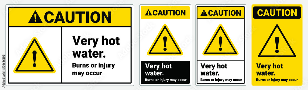 Safety sign caution Very hot water, burn or injury may occur. ANSI and ...