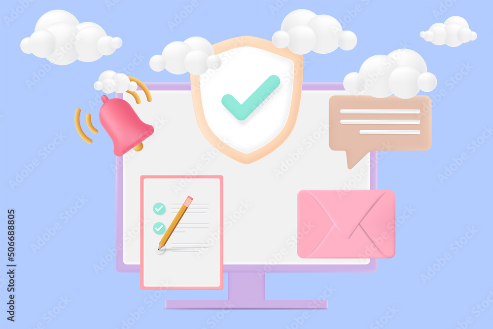 Data security concept. Computer desktop with heckmark and Sheild. alarm ...