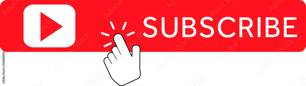 Red button subscribe of channel with hand cursor. Subscribe button in flat style. Label ...
