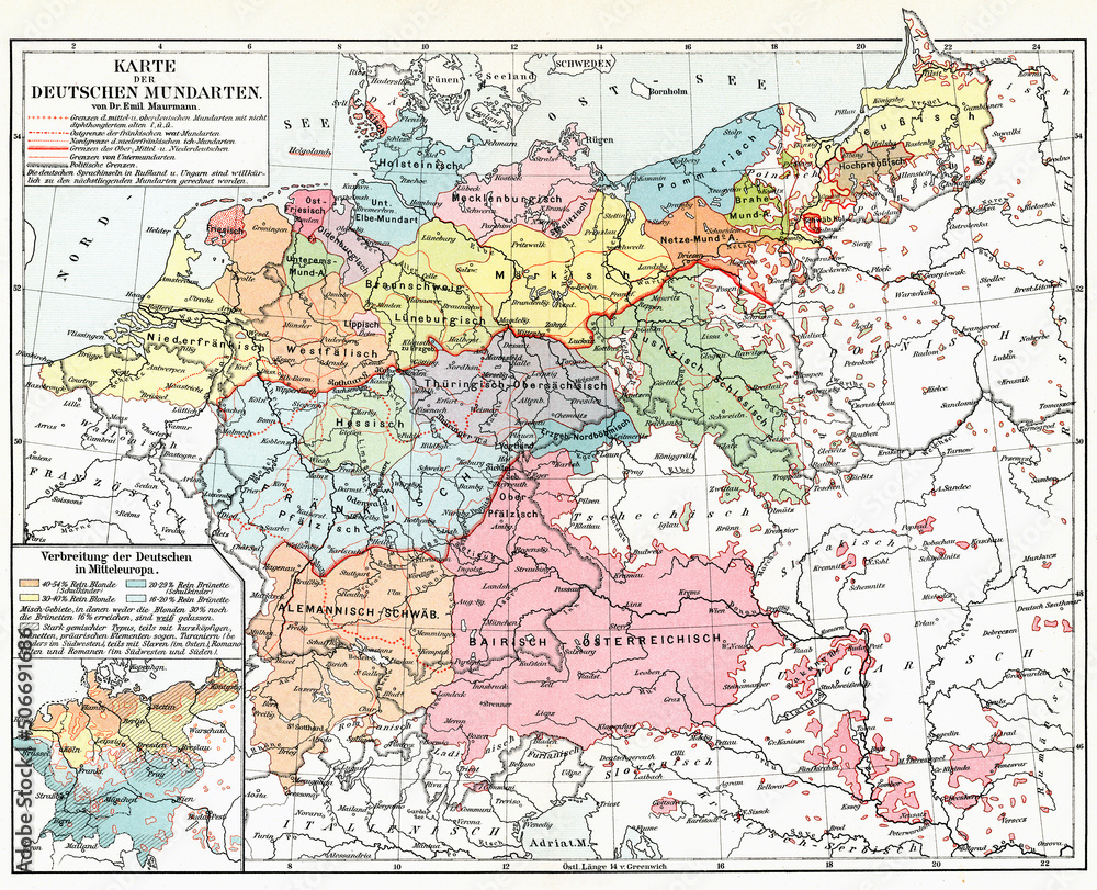 Poster Map of Germany showing regions with different dialects of the ...