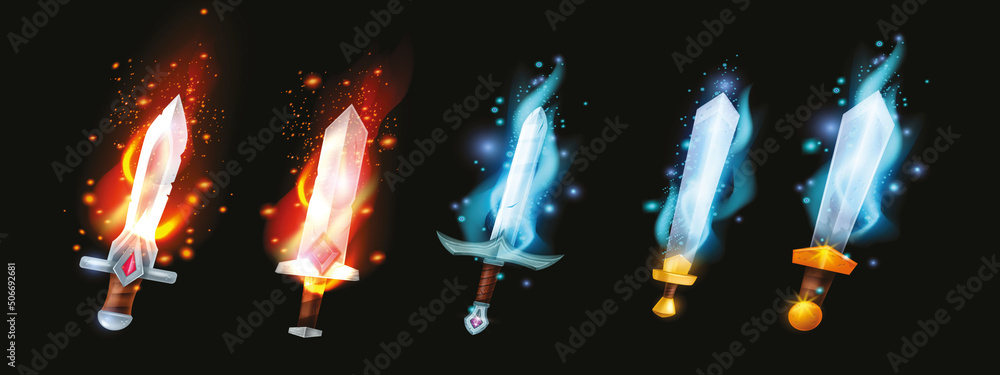 Magic sword game vector weapon set, fire flame, blue light, medieval ...