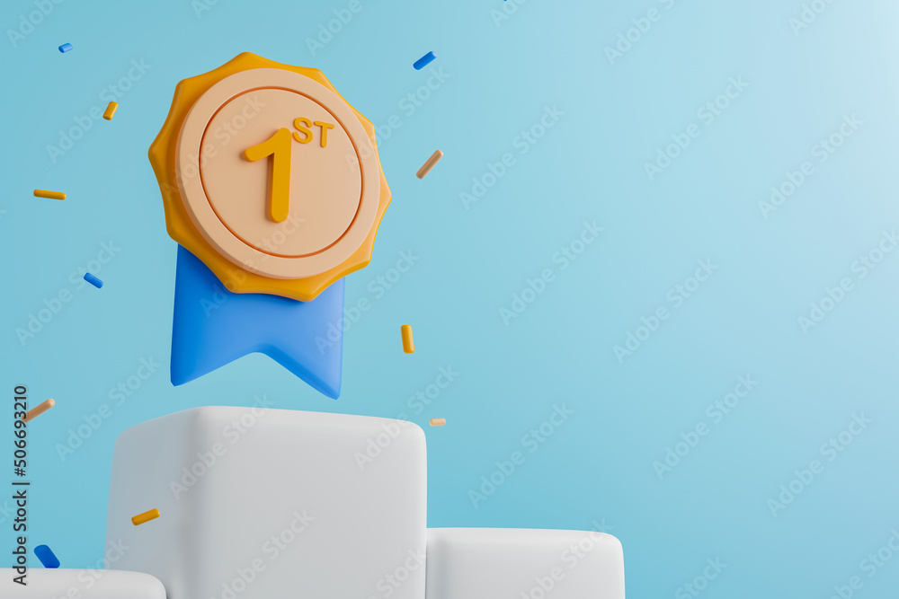 3d rendering first place prize badge on white winner podium on light ...