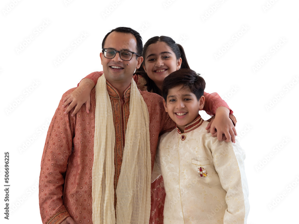 Portrait of Indian family, single father with two children, son and ...