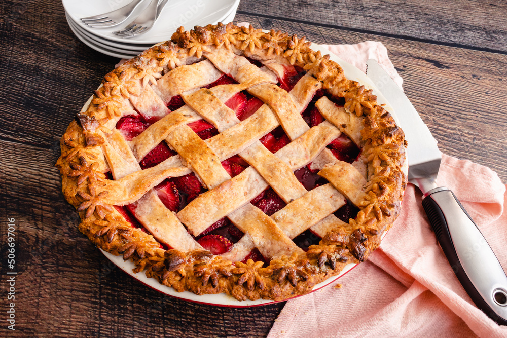 Overhead View of a Homemade Strawberry Pie with Lattice Crust: Freshly ...