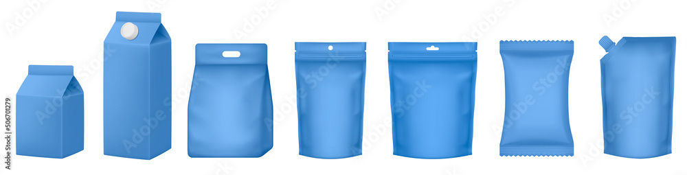 Set of milk cardboard package. Vector zip bag. Realistic carton package ...