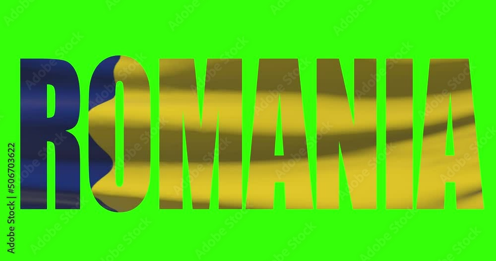 Romania country lettering word text with flag waving animation on green ...