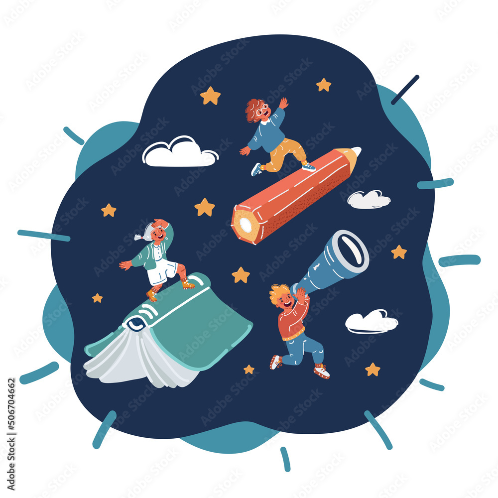 Cartoon vector illustration of Back to school! Happy child flying on ...