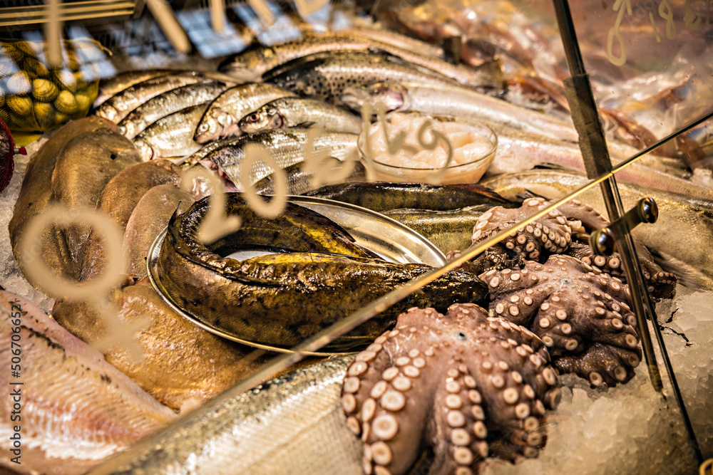 Fish and seafood delicacies showcase at Fish market of Helsinki ...