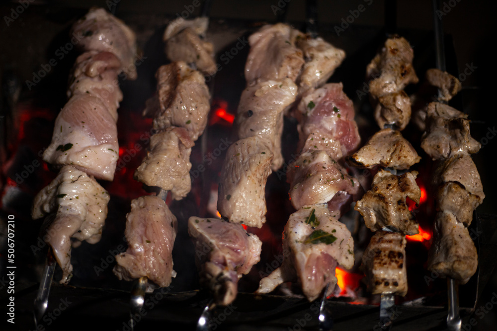 The meat is fried over an open fire. National cuisine of the Caucasian ...