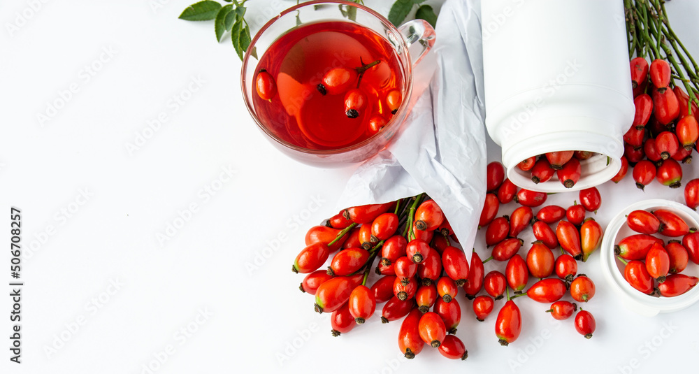 herbal tea cup Dog rose, bunch branch Rosehips, types Rosa canina hips ...