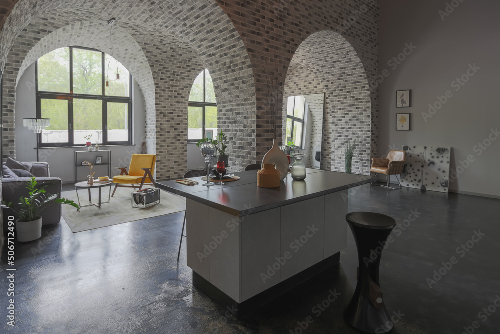 modern luxury design of a brutal apartment interior with arches in the ...