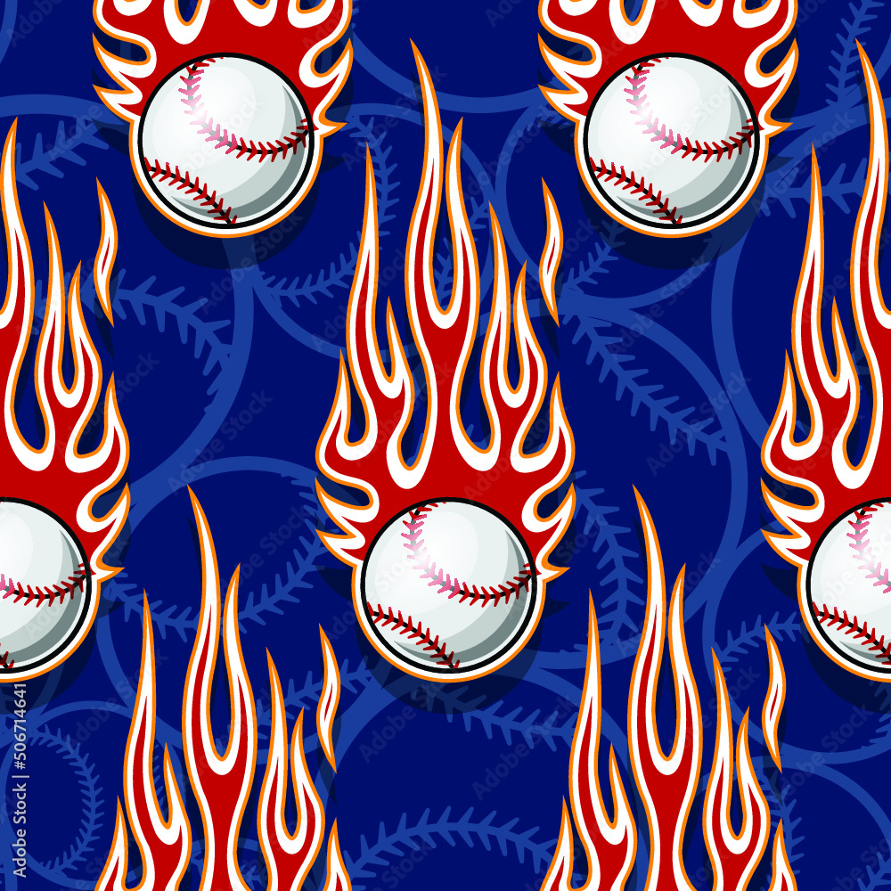 Baseball softball balls printable seamless pattern with hotrod flames ...