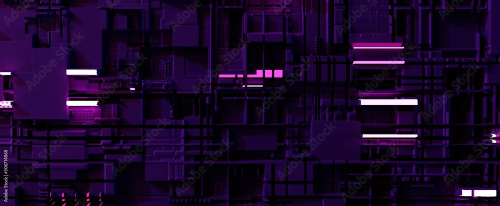 Purple techno surface with neon lights. Abstract circuit board with 3d ...