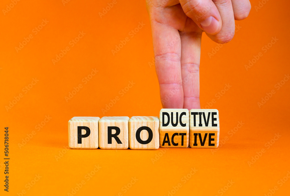 Proactive and productive symbol. Businessman turns cubes and changes ...