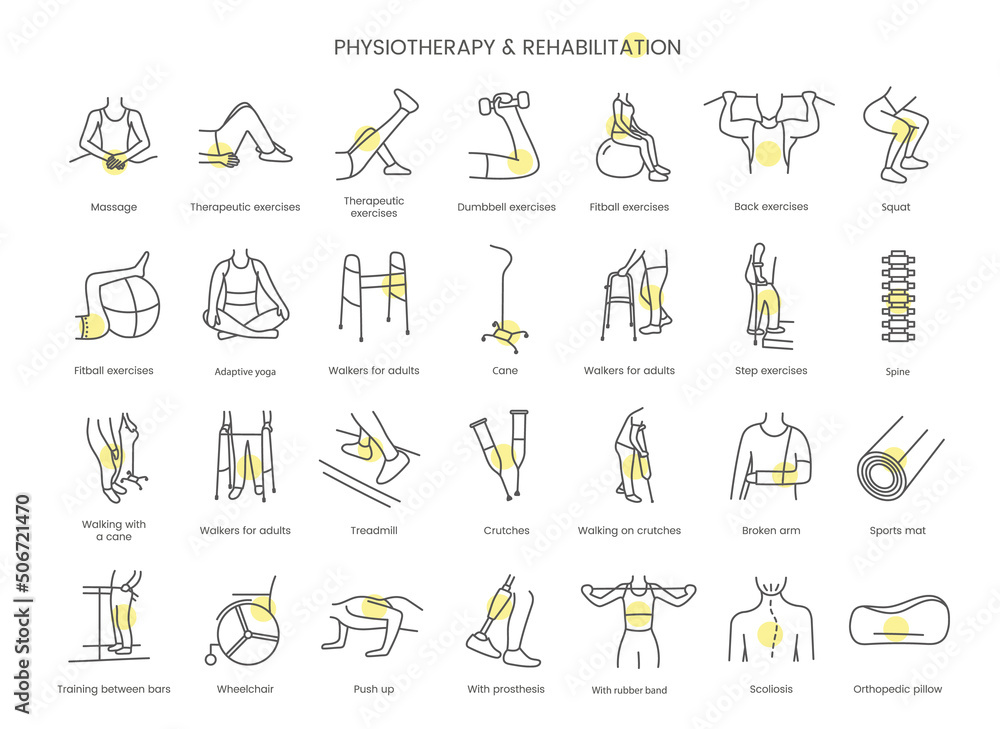 Set of icons physiotherapy and rehabilitation, dumbbell exercises, back ...