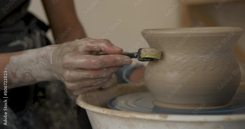 Close Up of Pottery Artist at Work, Potter Master Creating Clay Pot on ...