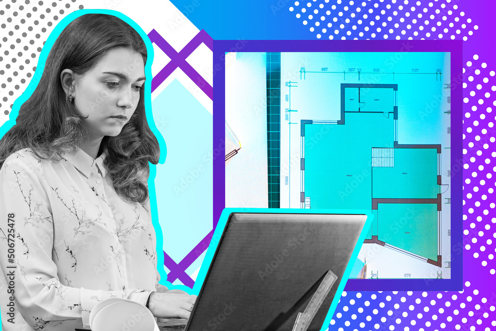 Female architect works with an apartment plan. Design of buildings ...